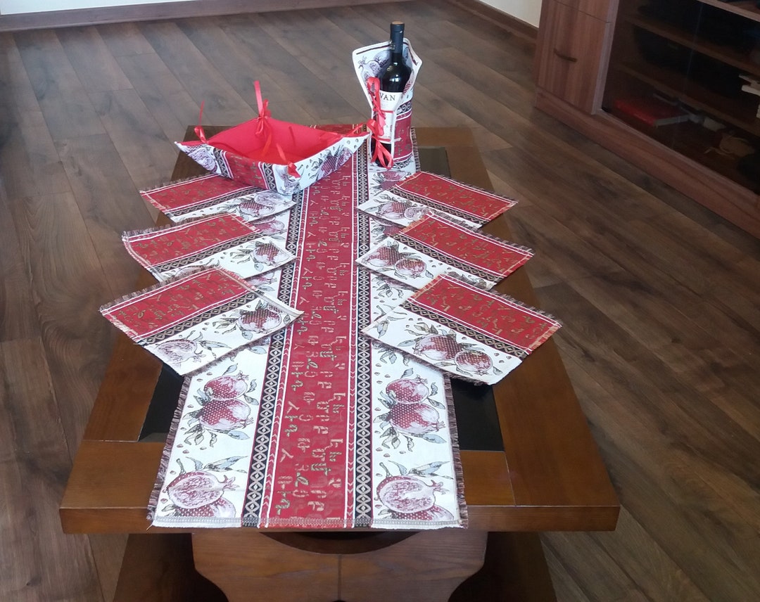 Table Cloth Runner Set, Armenian Design, Pomegranate & Alphabet Table Runner, Table Decoration ...