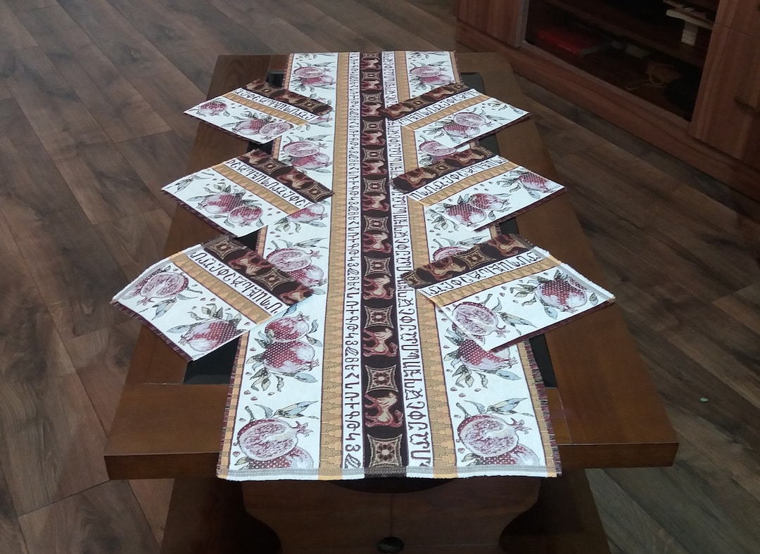 Armenian Alphabet and Pomegranate Table Cloth, Armenian Design, Table Runner, Table Decoration ...