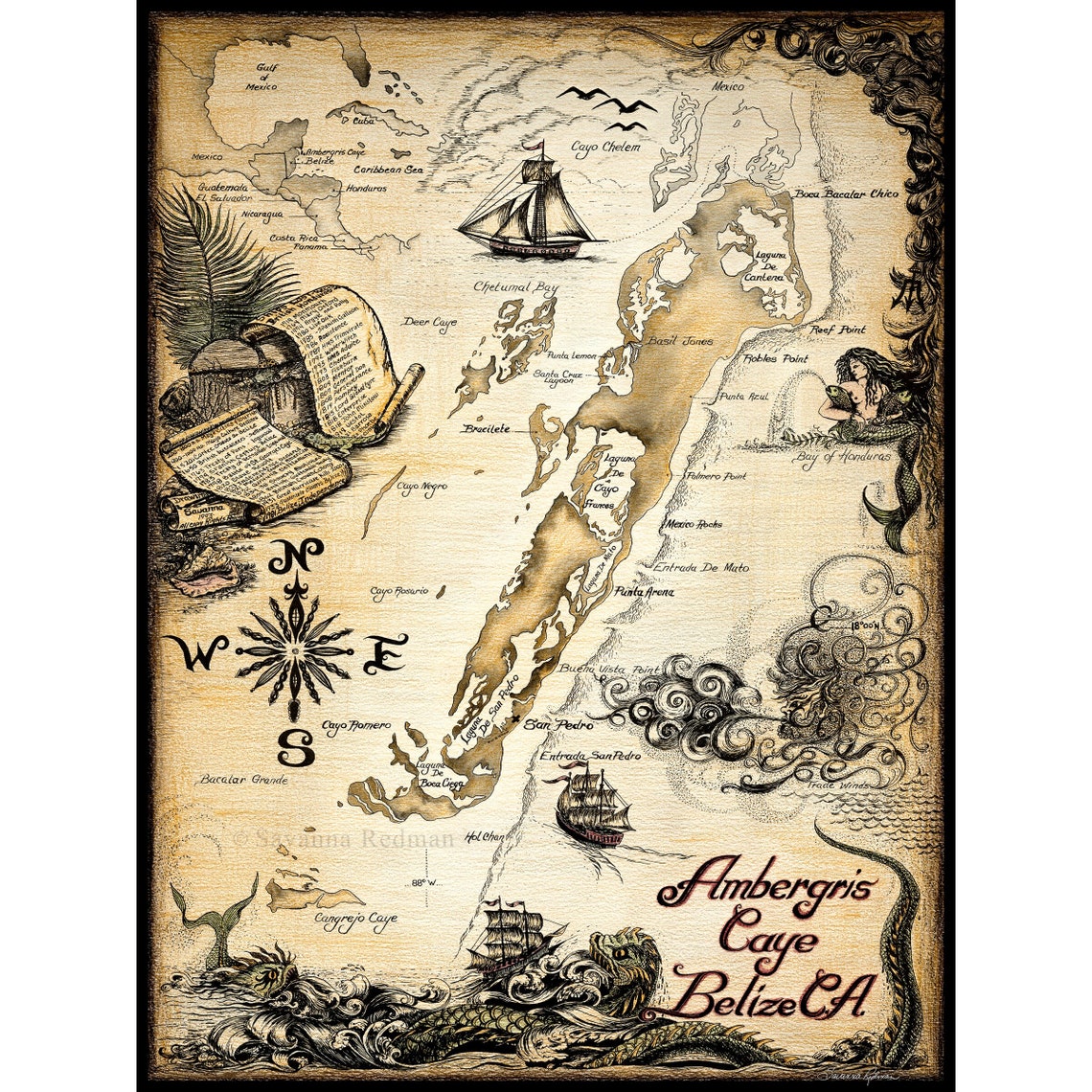 Hand-drawn Antique-style Map Captures the Spirit of Ambergris Caye ...