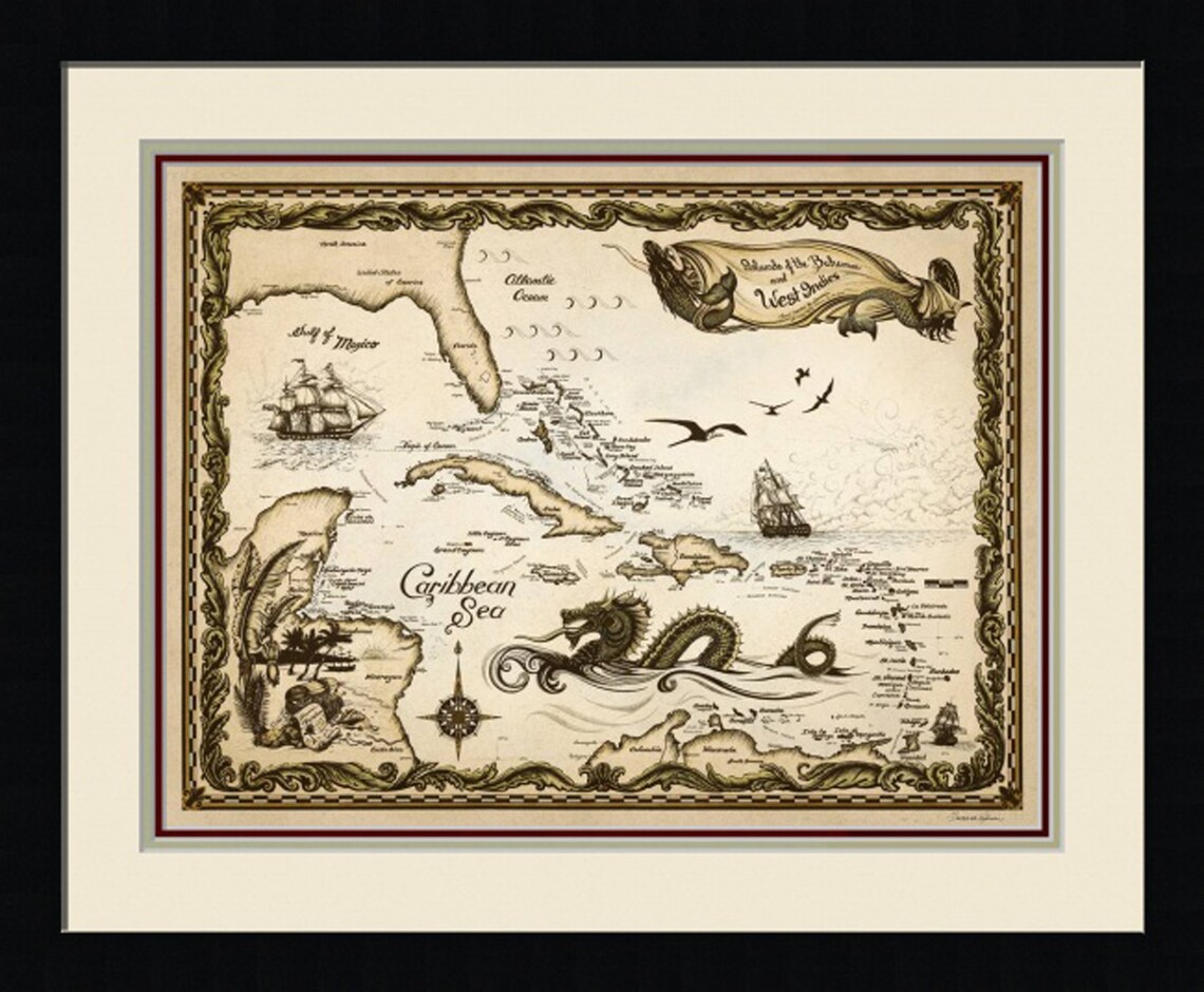 Hand-drawn Old-world Style Nautical Chart, 20x15 Giclee Print, Mermaids ...