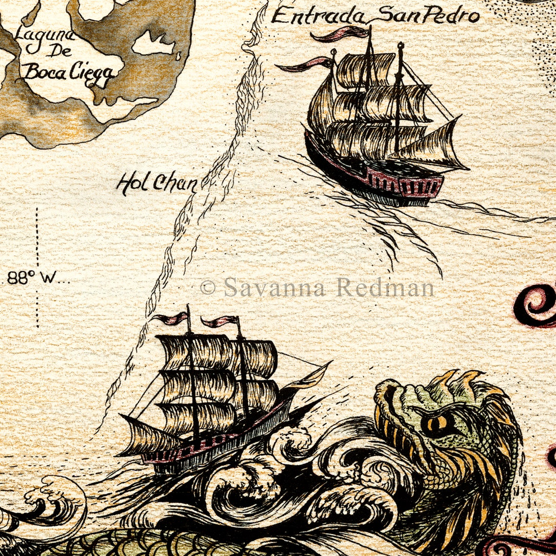 Ambergris Caye, Belize, 36x48 Fine Art Giclee Print of Hand-drawn ...