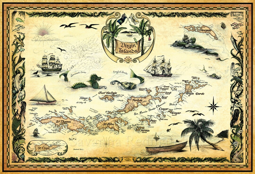 USVI & BVI Nautical Chart | Hand-drawn Virgin Islands Map | Anegada to ...