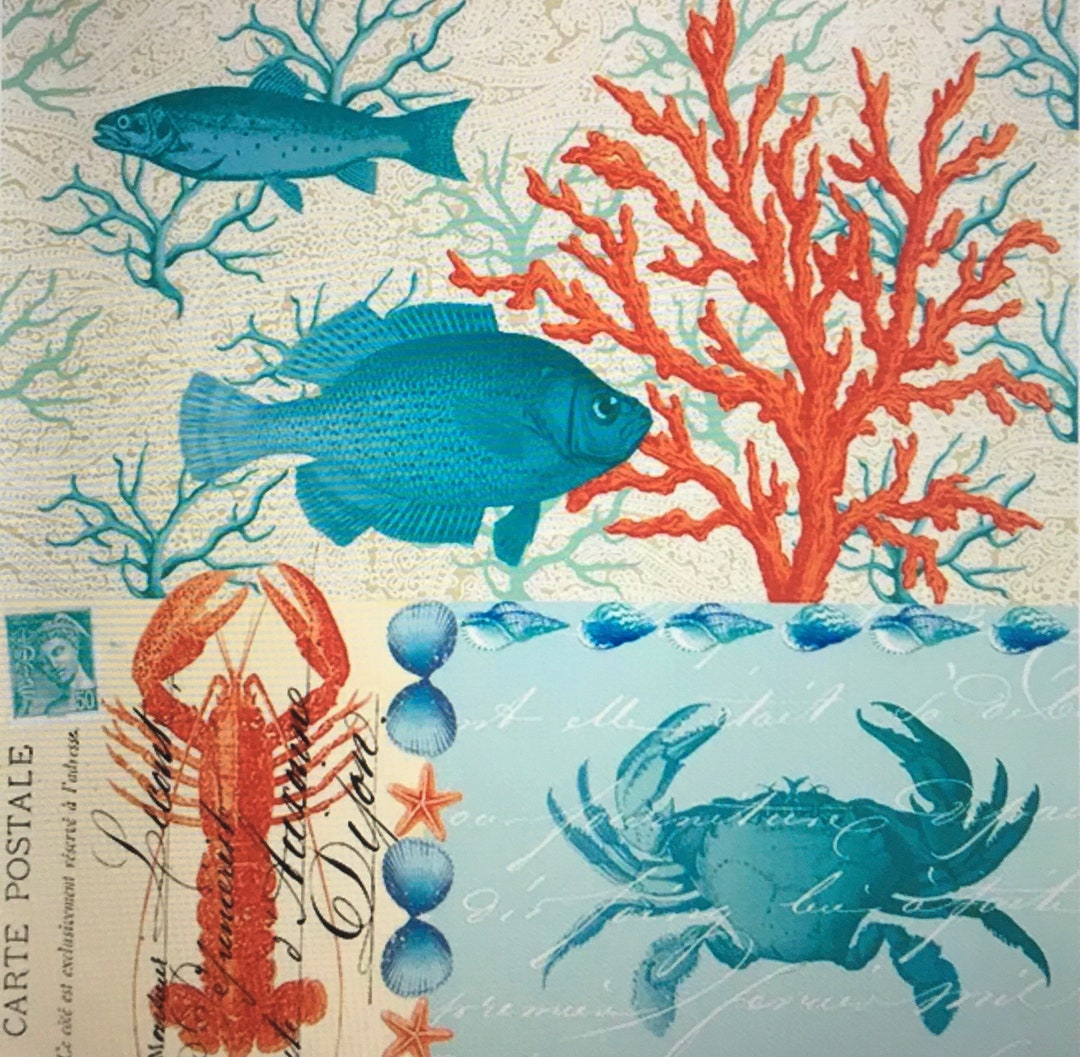 2 Large Sea Life Inspired Paper Napkins for Mixed Media, Collage ...