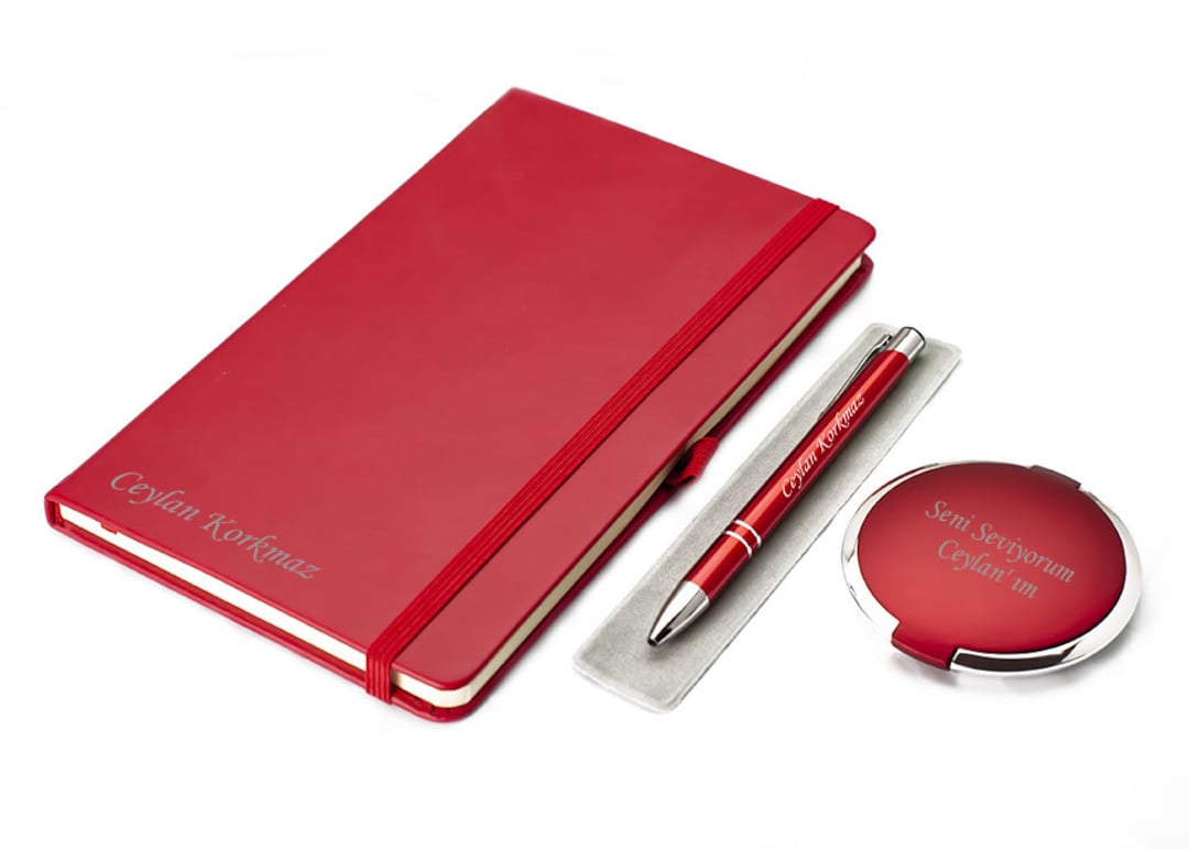 Custom Notebook, Pen and Mirror Set - Red / Personalized Name Engraved ...