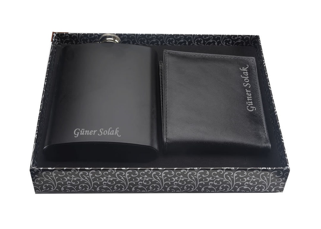Personalized Flask and Leather Wallet Set / Custom Engraved Name - Etsy