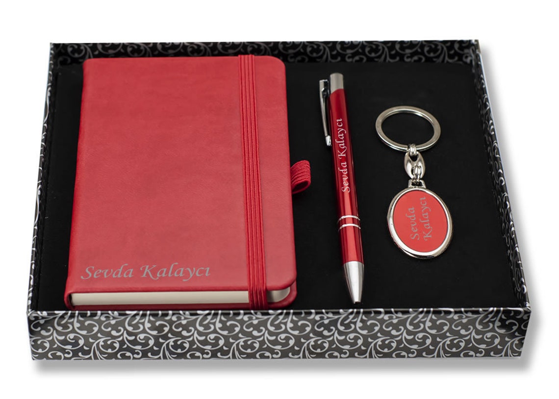 Custom Notebook, Pen and Keychain Set - Red / Personalized Name ...