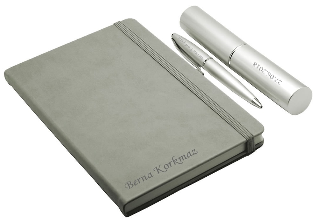 Custom Notebook and Box Pen Set - Grey / Personalized Name Engraved - Etsy