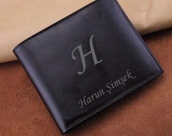 Personalized Wallet Black Leather / Custom Engraved Name and Letter - Etsy