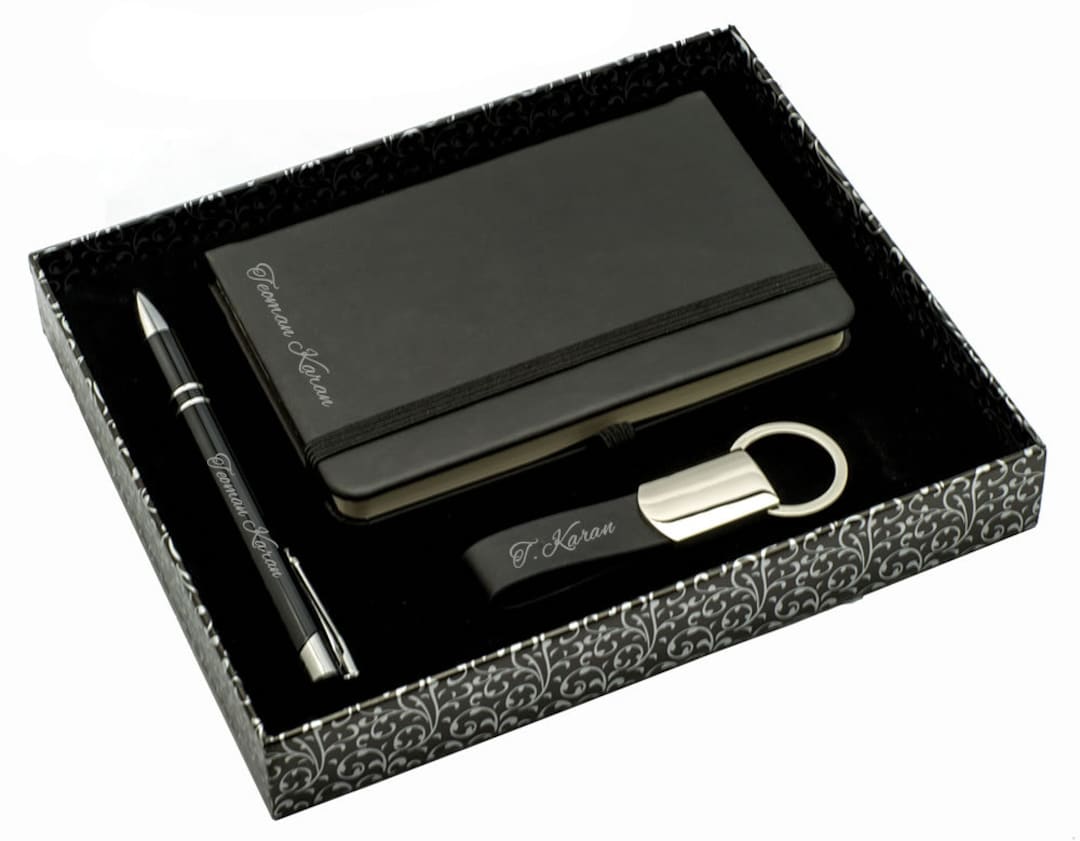 Custom Notebook, Pen and Keychain Set Black / Personalized Name ...