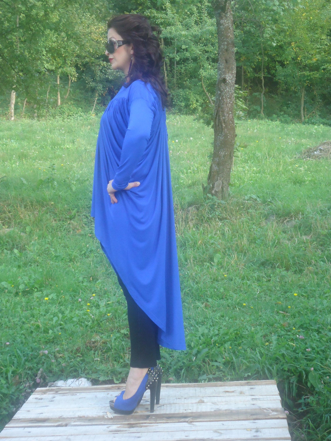 Draped Long Tunic Dress/royal Blue Tunic Dress/oversize Tunic/loose ...