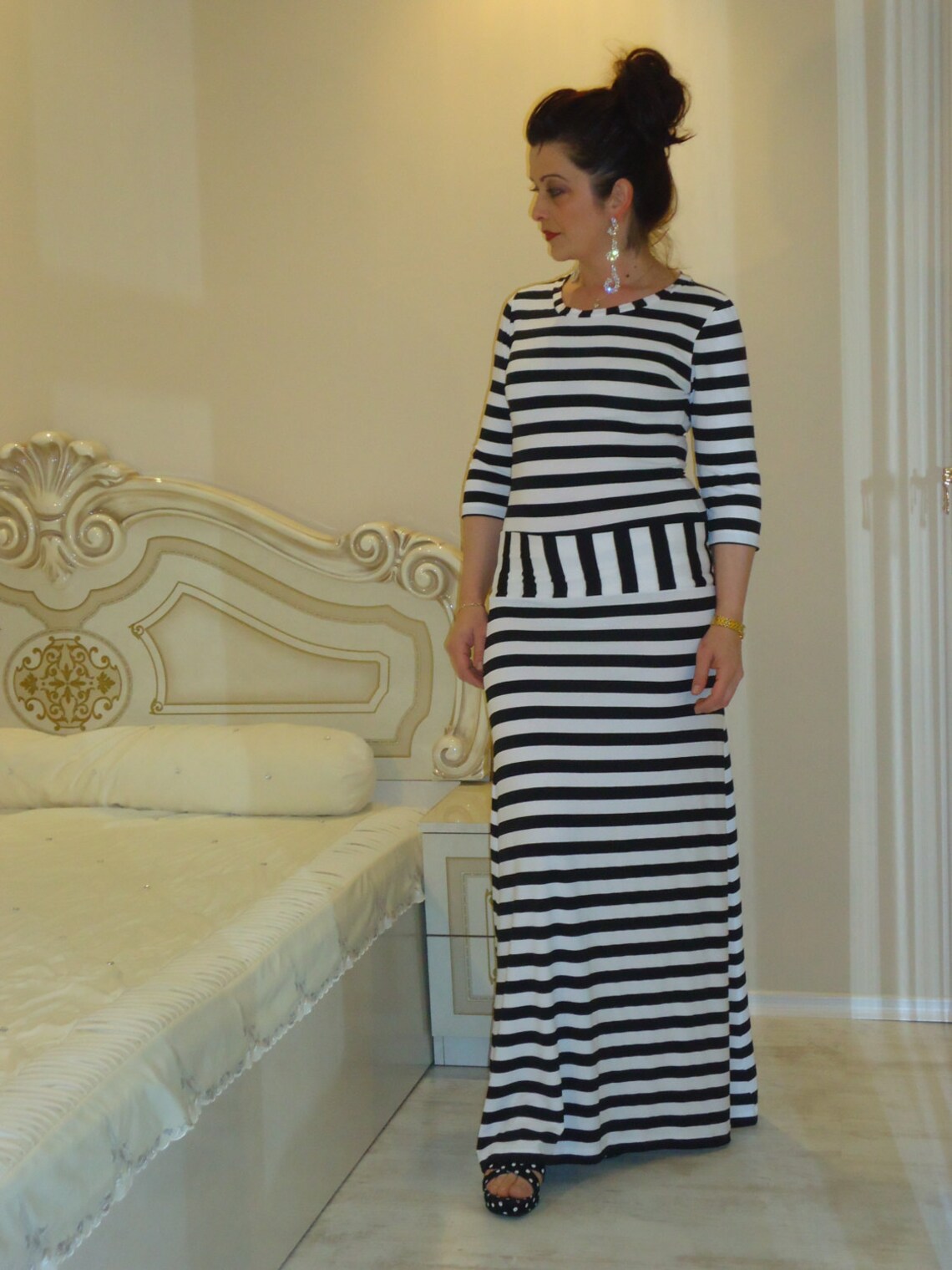 Summer Stripe Long Skirt + Blouse/striped Set/elegant Set/black and ...