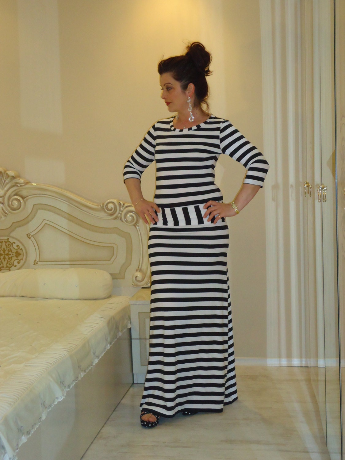 Summer Stripe Long Skirt + Blouse/striped Set/elegant Set/black and ...