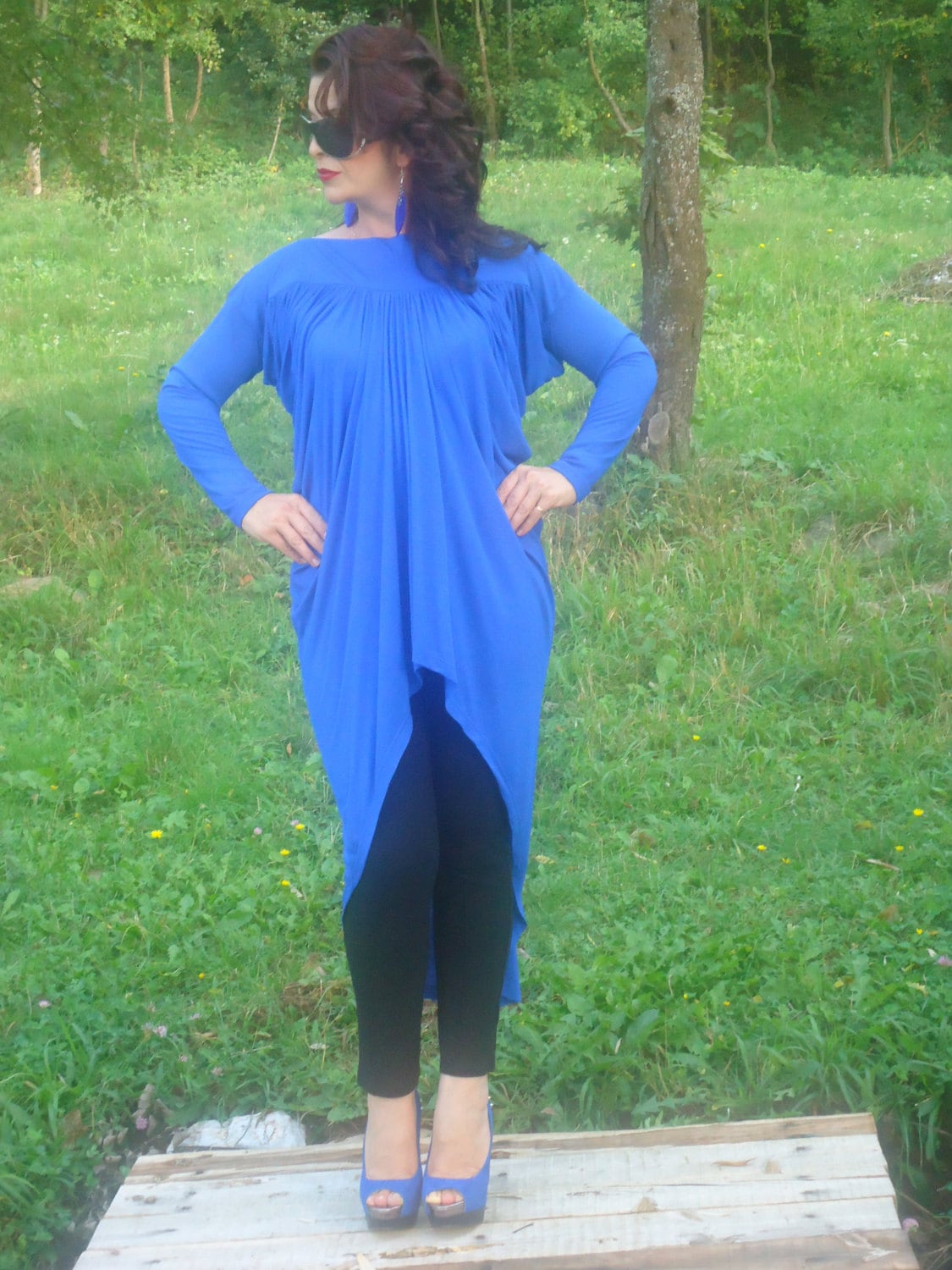 Draped Long Tunic Dress/royal Blue Tunic Dress/oversize Tunic/loose ...