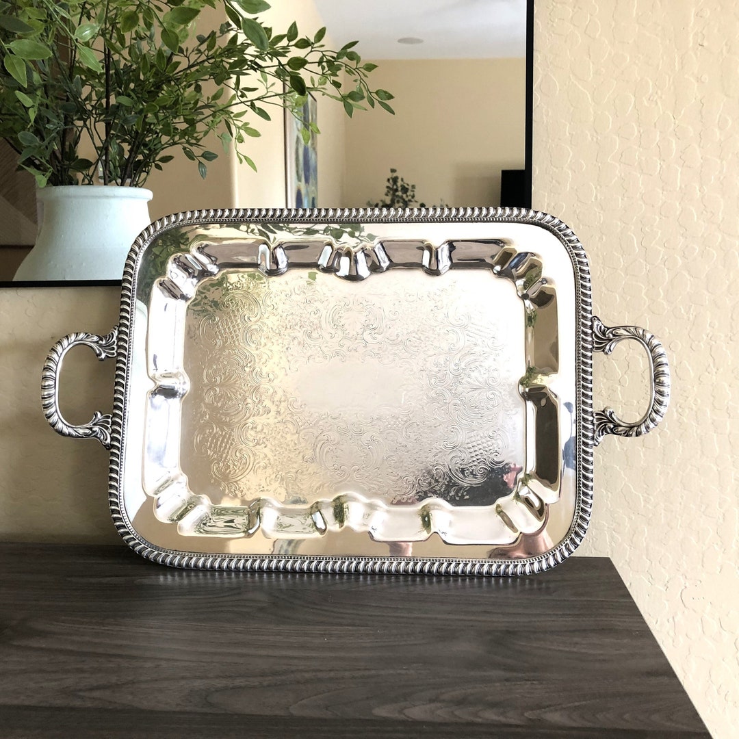 Vintage Silver Plated Serving Tray With Handles, Antique Rectangular ...