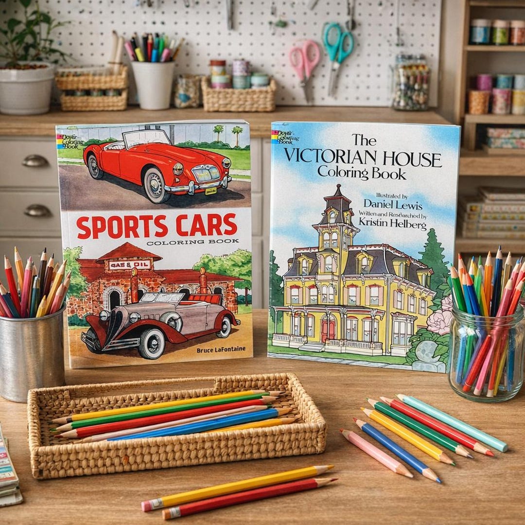 Set of 2 Vintage Adult Coloring Books – Sports Cars & the Victorian ...