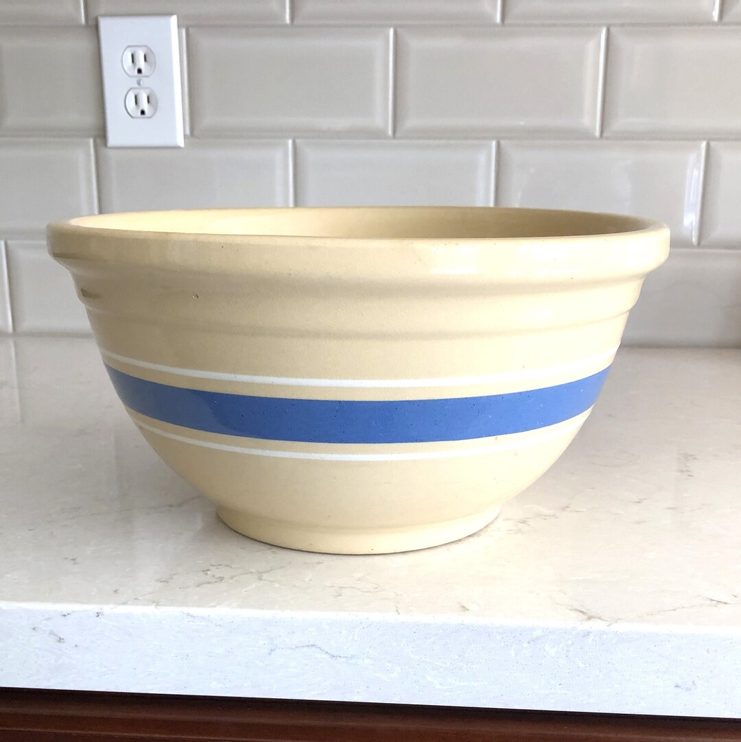 Large Vintage Yellow Ware Bowl With Blue Stripe, 12 Antique Oven Ware ...