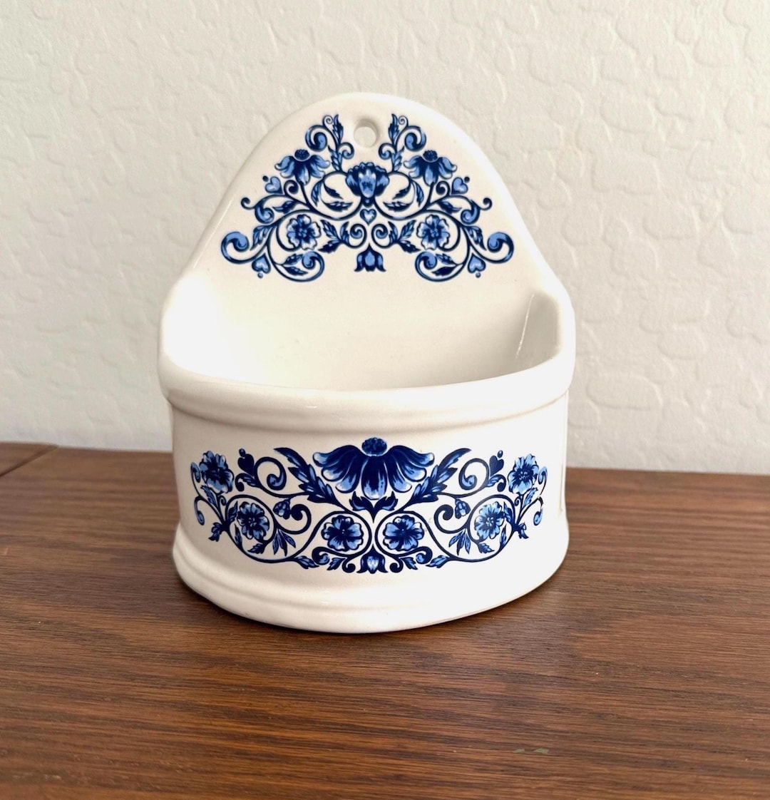 Blue and White Ceramic Floral Wall Pocket, Kitchen Herb Planter Wall ...