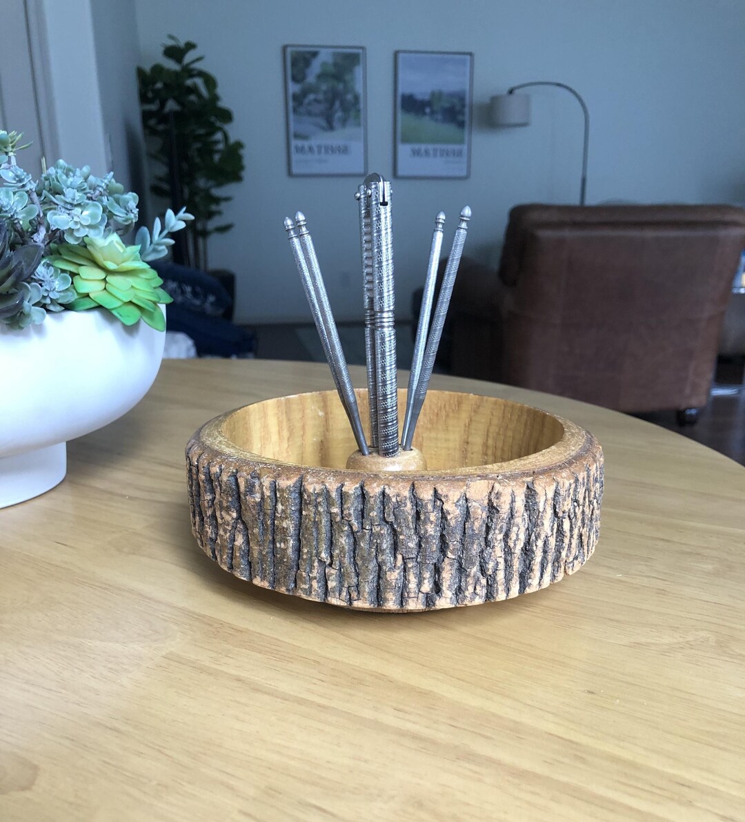 Live Edge Wood Nut Bowl With Cracker and Picks / Vintage Wooden Nut ...