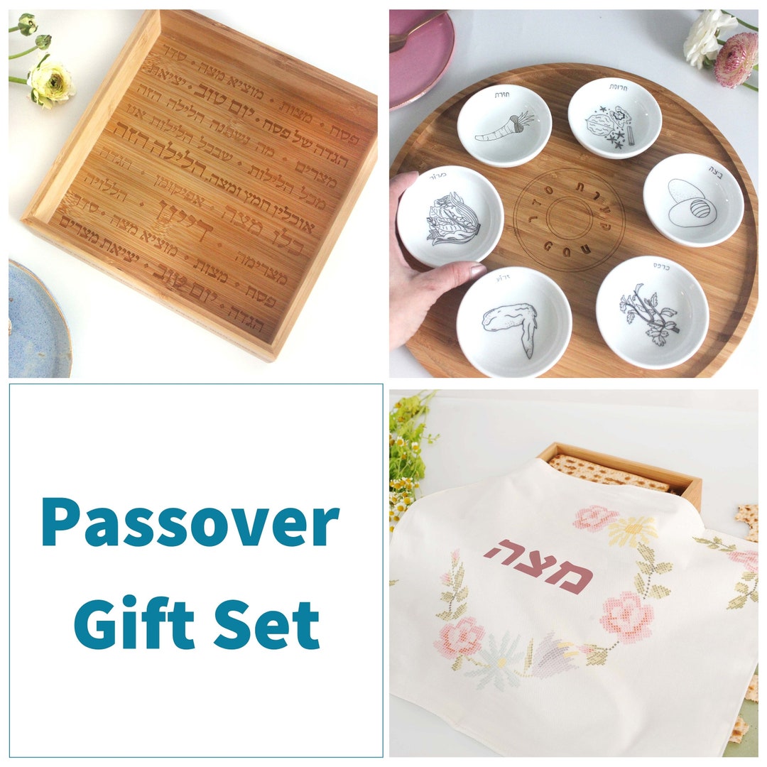Passover Seder Plate Black and White + Reclining Matza Box Set + Matza ...