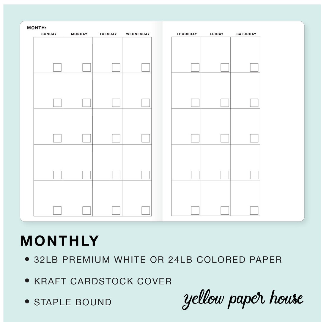 MONTHLY Traveler's Notebook Insert - Choose From 23 Colors, 8 Sizes and ...