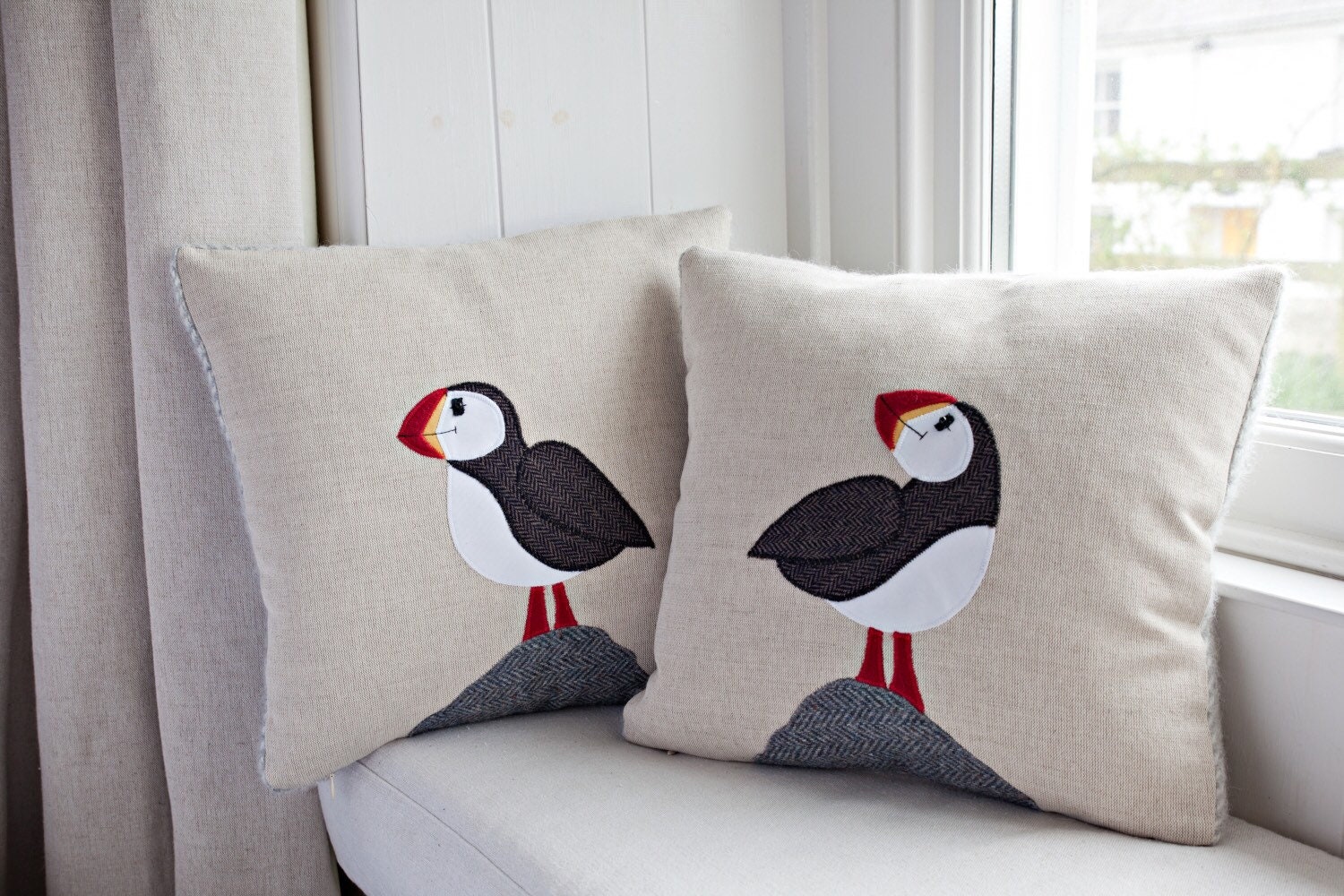 Handmade Puffin Cushion With British Tweeds - Etsy