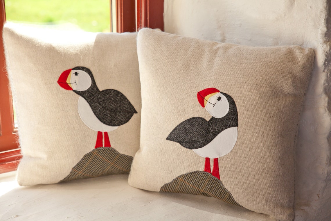 Handmade Puffin Cushion With British Tweeds - Etsy
