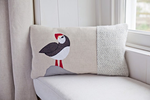Handmade Puffin Cushion With Mixed Tweeds and Wool Woven in - Etsy