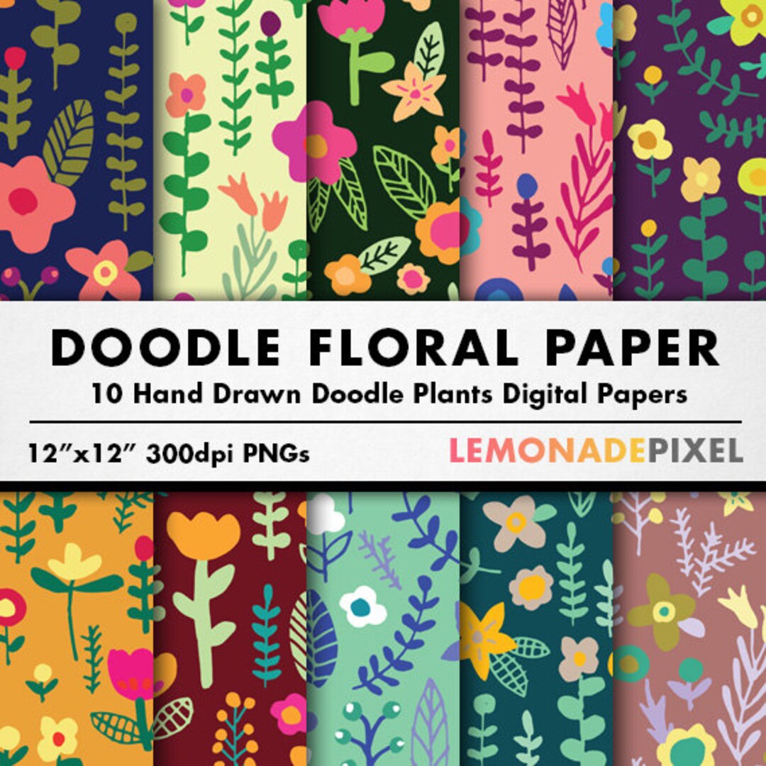 Floral Doodle Digital Paper Hand Drawn Paper, Floral Scrapbooking Paper ...