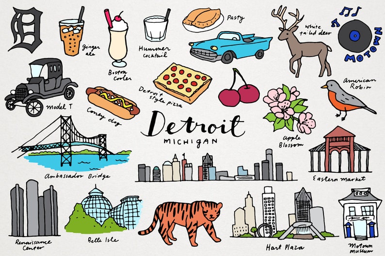 Detroit Michigan City Clipart Set Landmarks Cars Skyline - Etsy