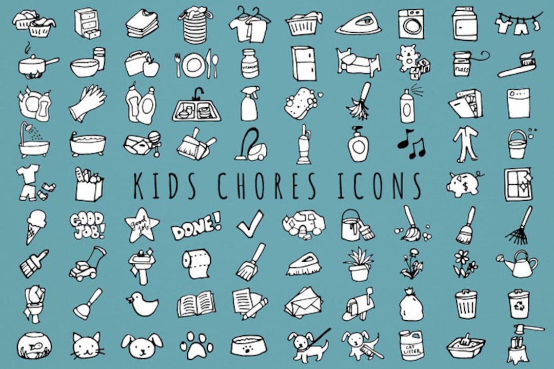 Kids Chores Icons Set [black & White Version] - Daily Tasks Organizer ...