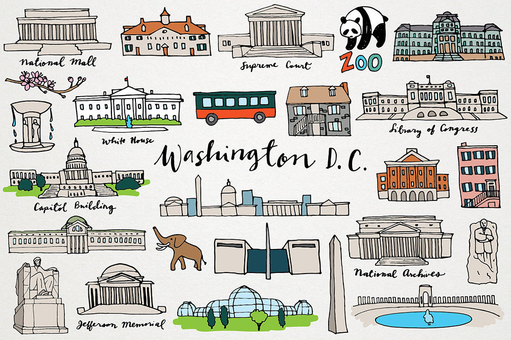 Washington DC Clipart monuments clipart city clipart hand | Etsy