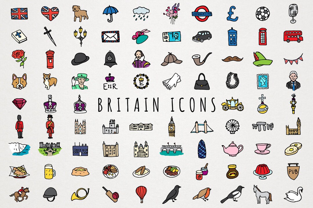 Britain and Queen Elizabeth II Icons Clipart Set - Hand Drawn Clip Art ...