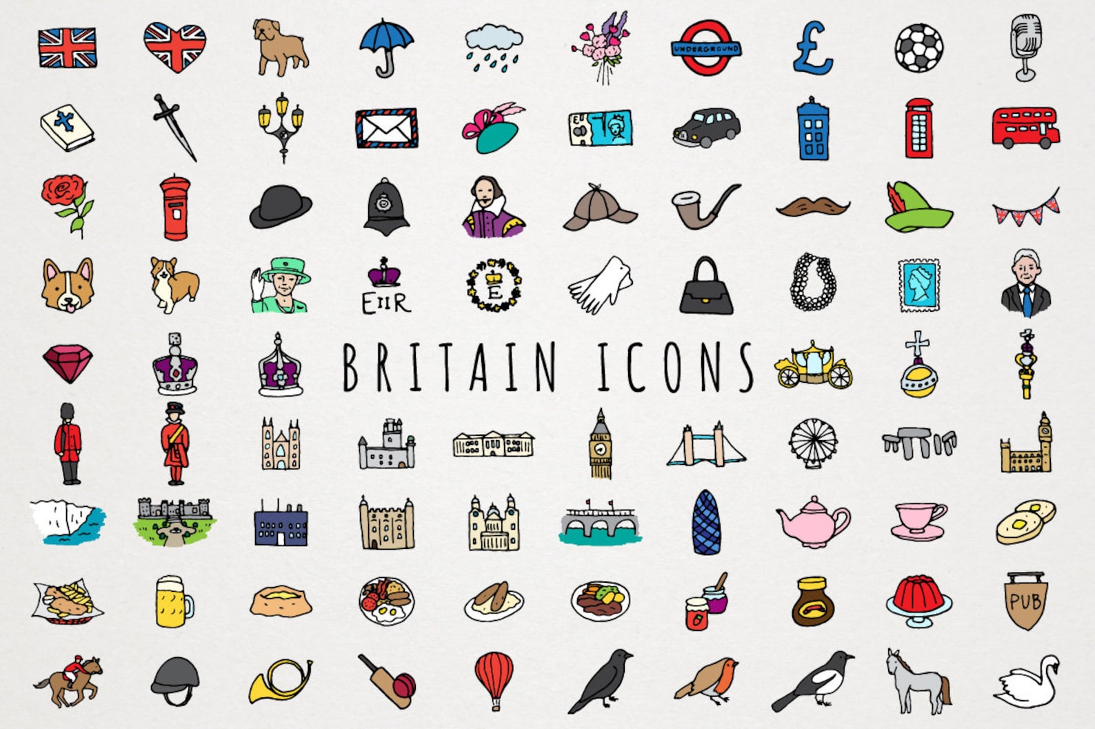 Britain and Queen Elizabeth II Icons Clipart Set - Hand Drawn Clip Art ...