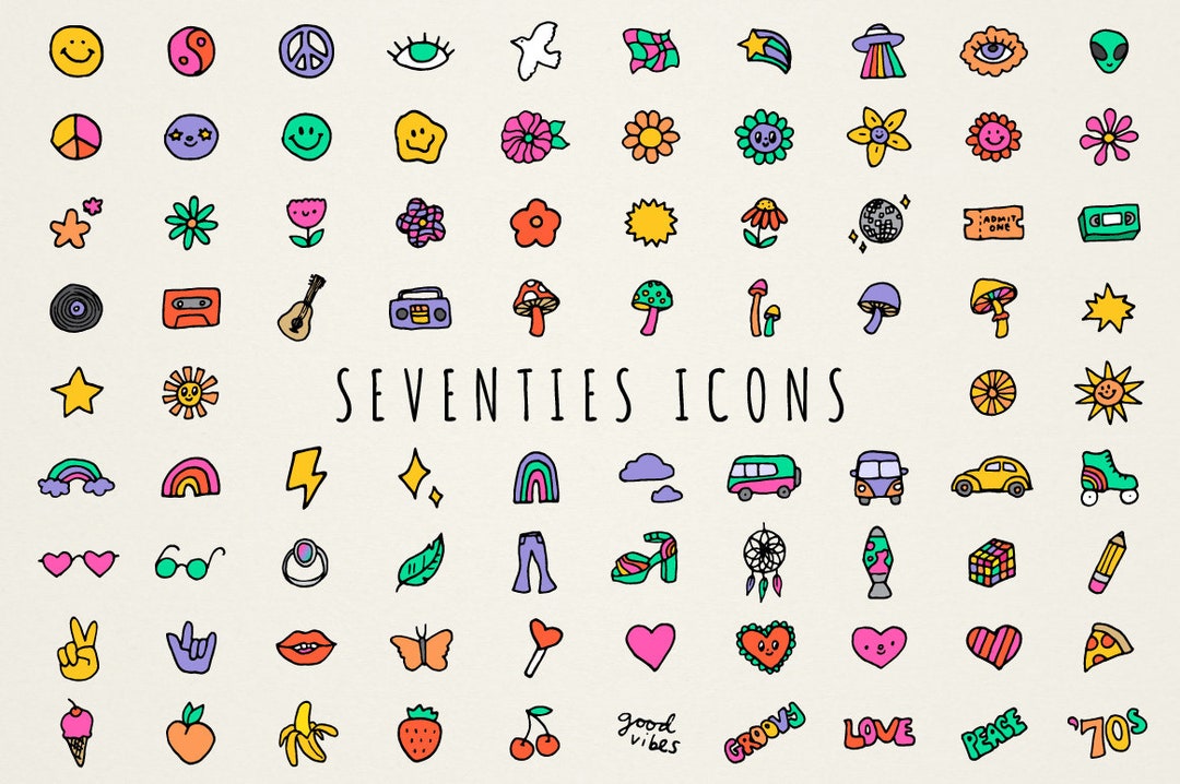 Seventies Icons Clipart Set - 70s Clipart, Psychedelic Icons, Hand ...