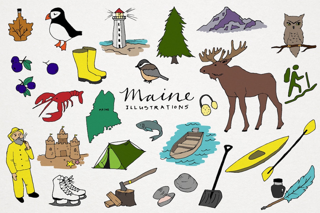 Maine State Clipart Set - Moose Oysters Mountains Nautical Instant ...