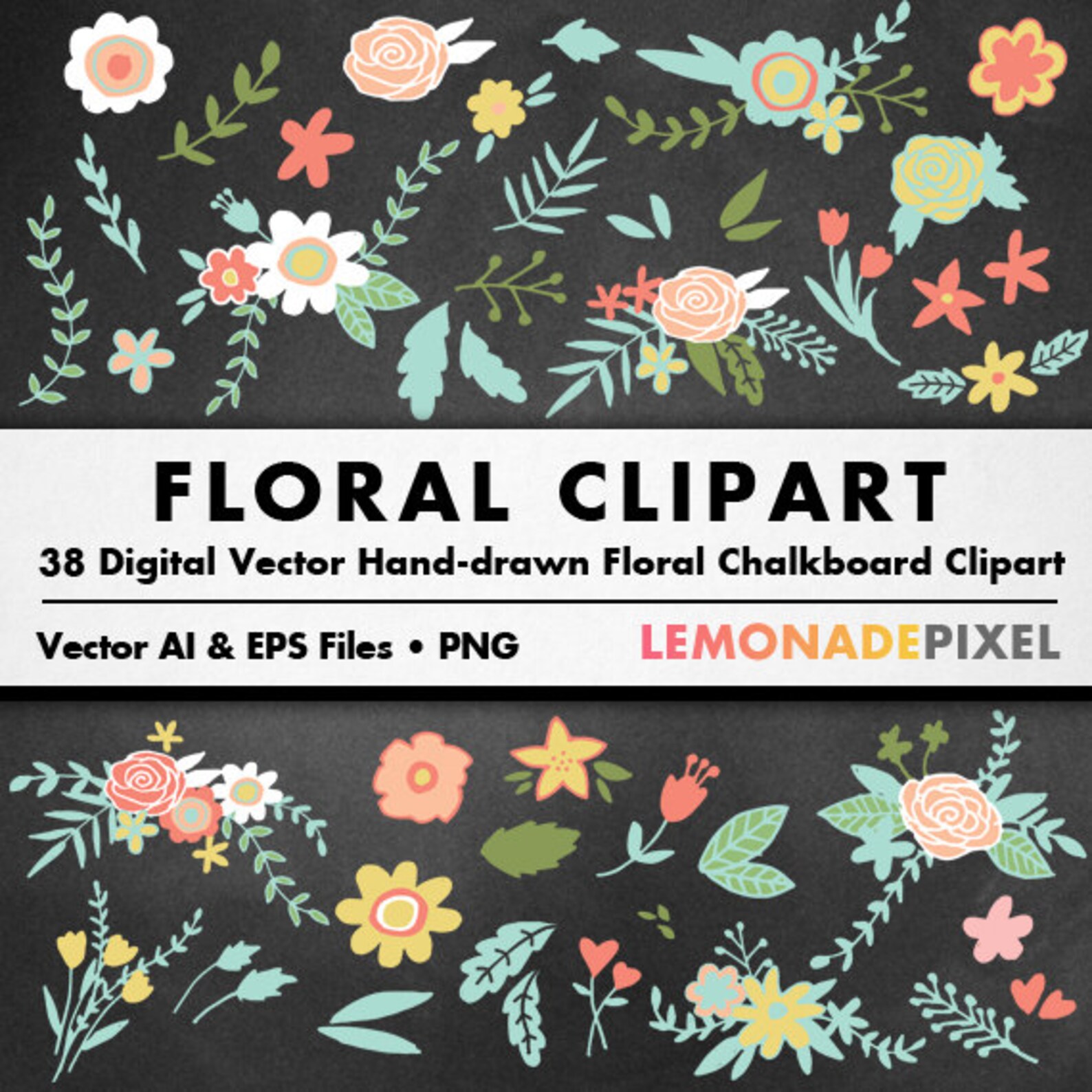 Chalkboard Floral Clipart Wedding Clipart Flowers Foliage - Etsy