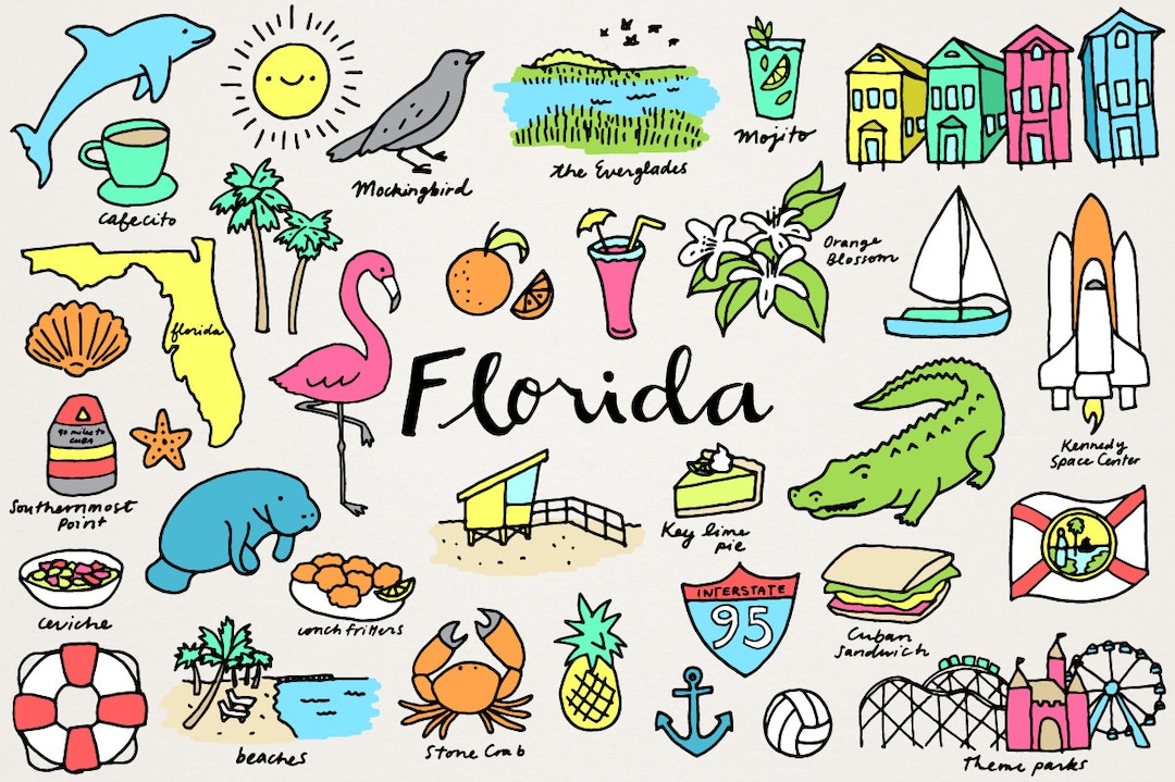 Florida Illustrations Clipart Set - Hand Drawn US State Monuments ...