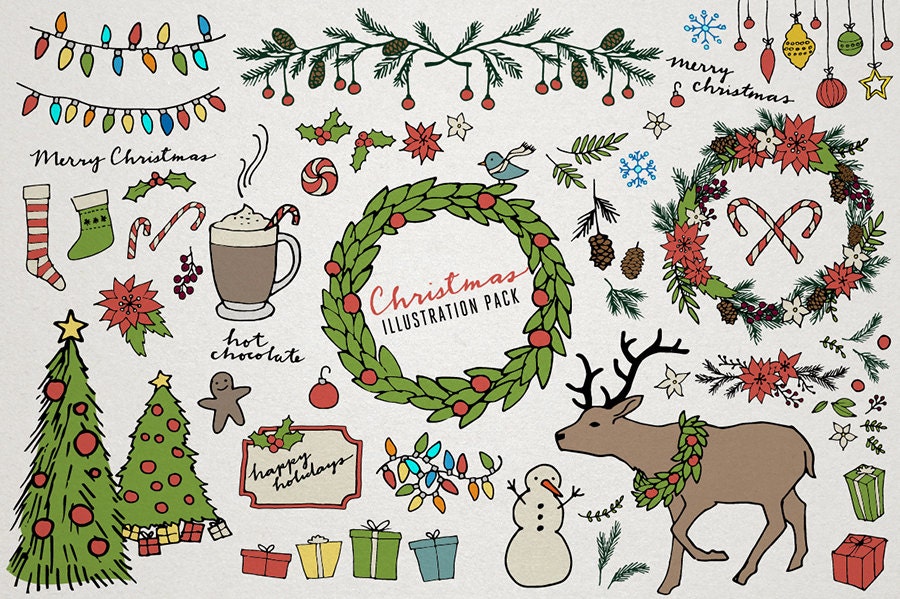 Christmas Clipart holiday clipart wreath art hand drawn | Etsy