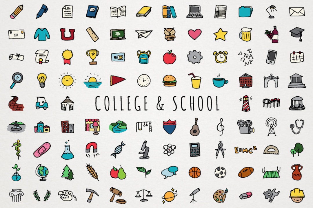 College & School Icons Clipart Set Hand Drawn, Learning Clip Art, Back ...