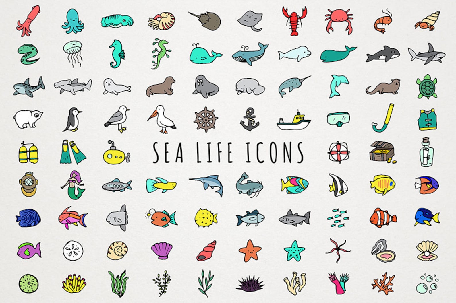 Sea Life Icons Clipart Set Ocean Icons, Fish Icons, Instant Download ...