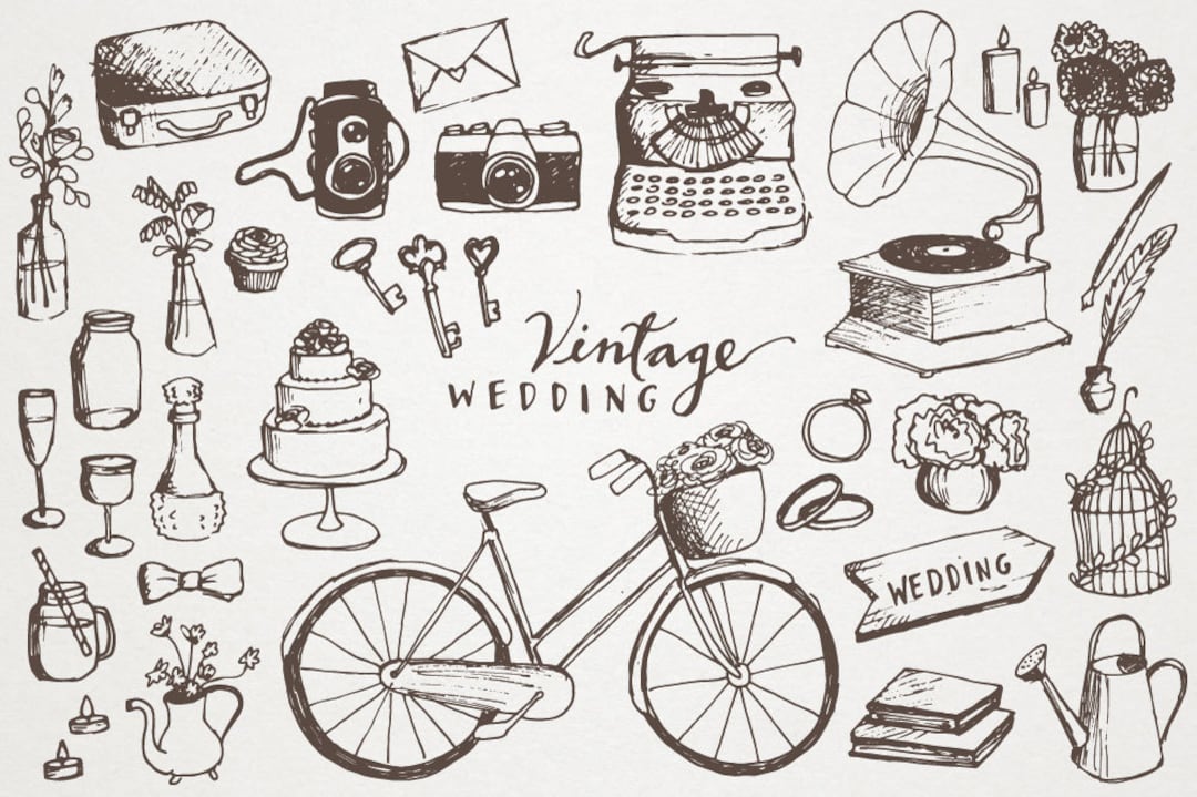 Vintage Wedding Clipart - Hand Drawn Clip Art, Vintage Elements ...