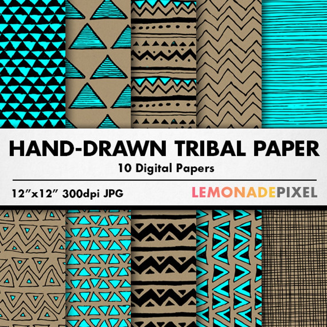 Tribal Digital Paper - Hand Drawn Digital Paper, Kraft Paper, Blue and ...
