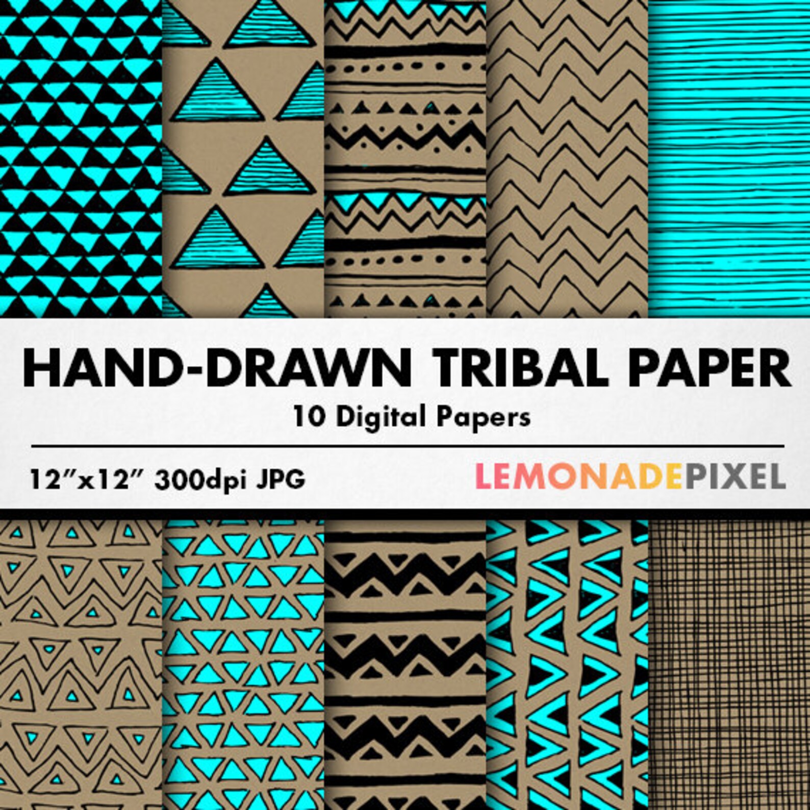 Tribal Digital Paper - Hand Drawn Digital Paper, Kraft Paper, Blue and ...