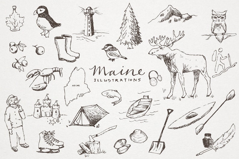 Maine State Sketched Clipart Set - Instant Download, Digital ...