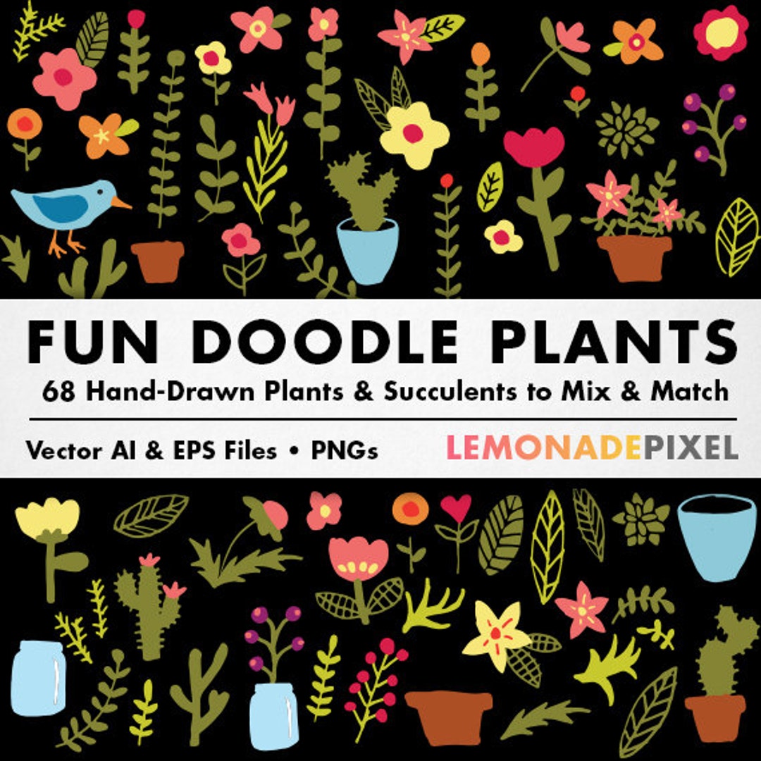Fun Doodle Plants Clipart - Foliage Clipart, Folk Flowers Clip Art ...
