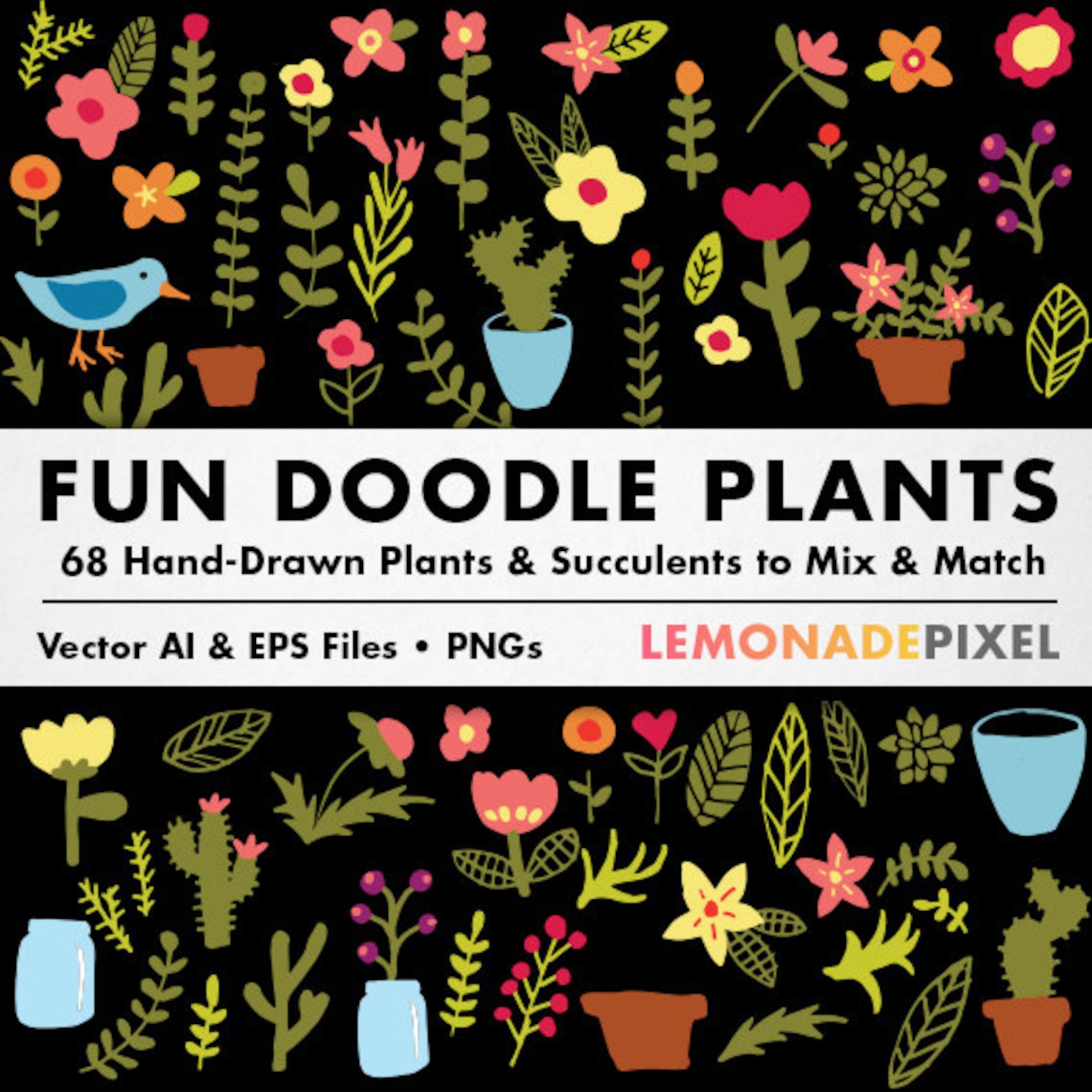 Fun Doodle Plants Clipart - Foliage Clipart, Folk Flowers Clip Art ...