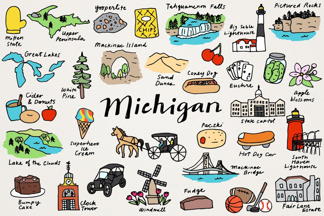 Michigan State Clipart Set - Landmarks, Cities, Locale Digital Download ...