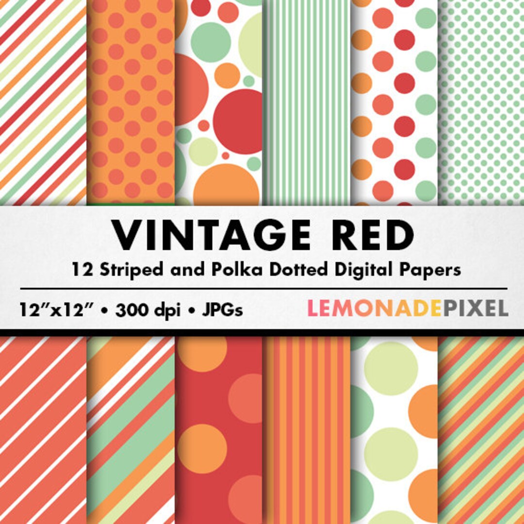 Stripes & Dots Digital Paper - Vintage Red Blue Orange, Polka Dot ...