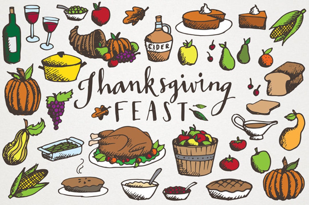 Thanksgiving Feast Clipart - Hand Drawn Illustrations, Commercial ...