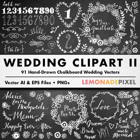 Chalkboard Wedding Clipart II - DIY Wedding Invitation, Wedding Wreaths ...